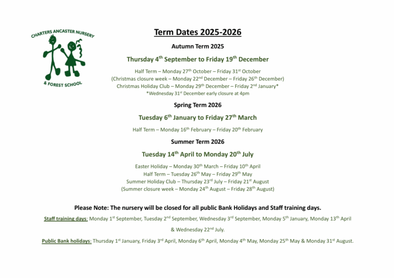 Term Dates | Nursery & Forest School in Bexhill | Charters Ancaster